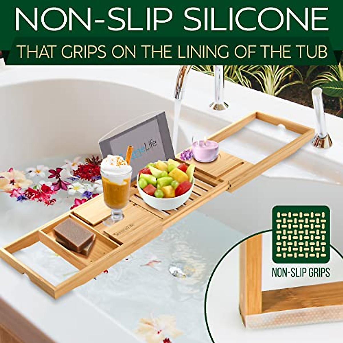 SereneLife Luxury Bamboo Bathtub Caddy Tray - Adjustable Natural Wood Bath Tub Organizer with Wine Holder, Cup Placement, Soap Dish, Book Space & Phone Slot for Spa, Bathroom & Shower SLBCAD20