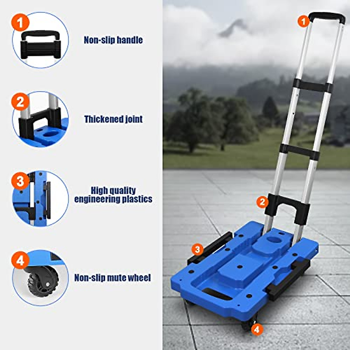KelejakaMT Folding Hand Truck, 330 LB Heavy Capacity Luggage cart - 360° Rotating Platform Cart with Swivel Locked Casters and 2 Bungee Cords, Hand Cart is Suitable for Travel Shopping Moving Office