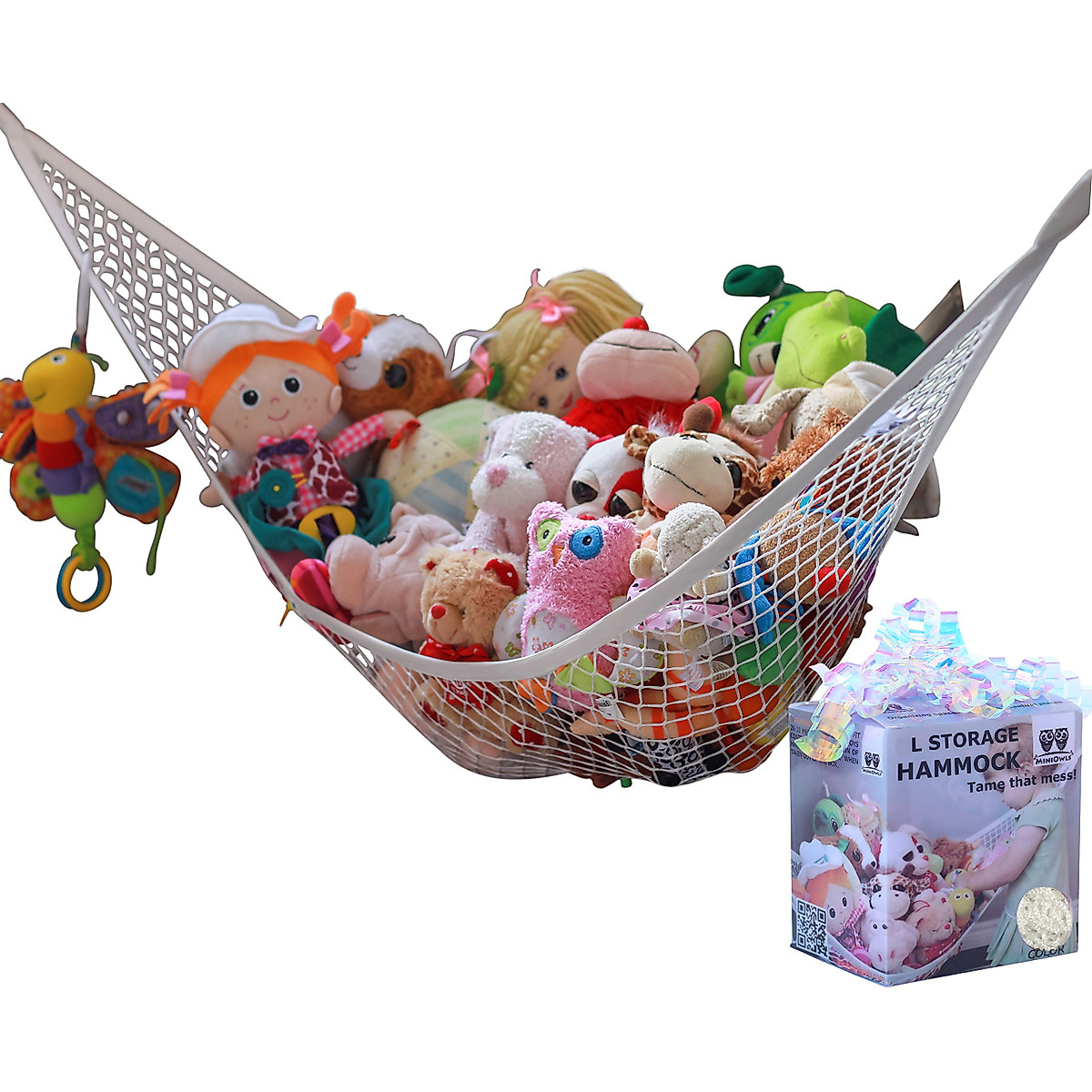 MiniOwls Toy Storage Hammock for any Room Corner. Strong and Sturdy Net for Stuffed toy Animals. Great to Keep Stuffies of the Kid's Bed. (White, X-large (Pack of 1))