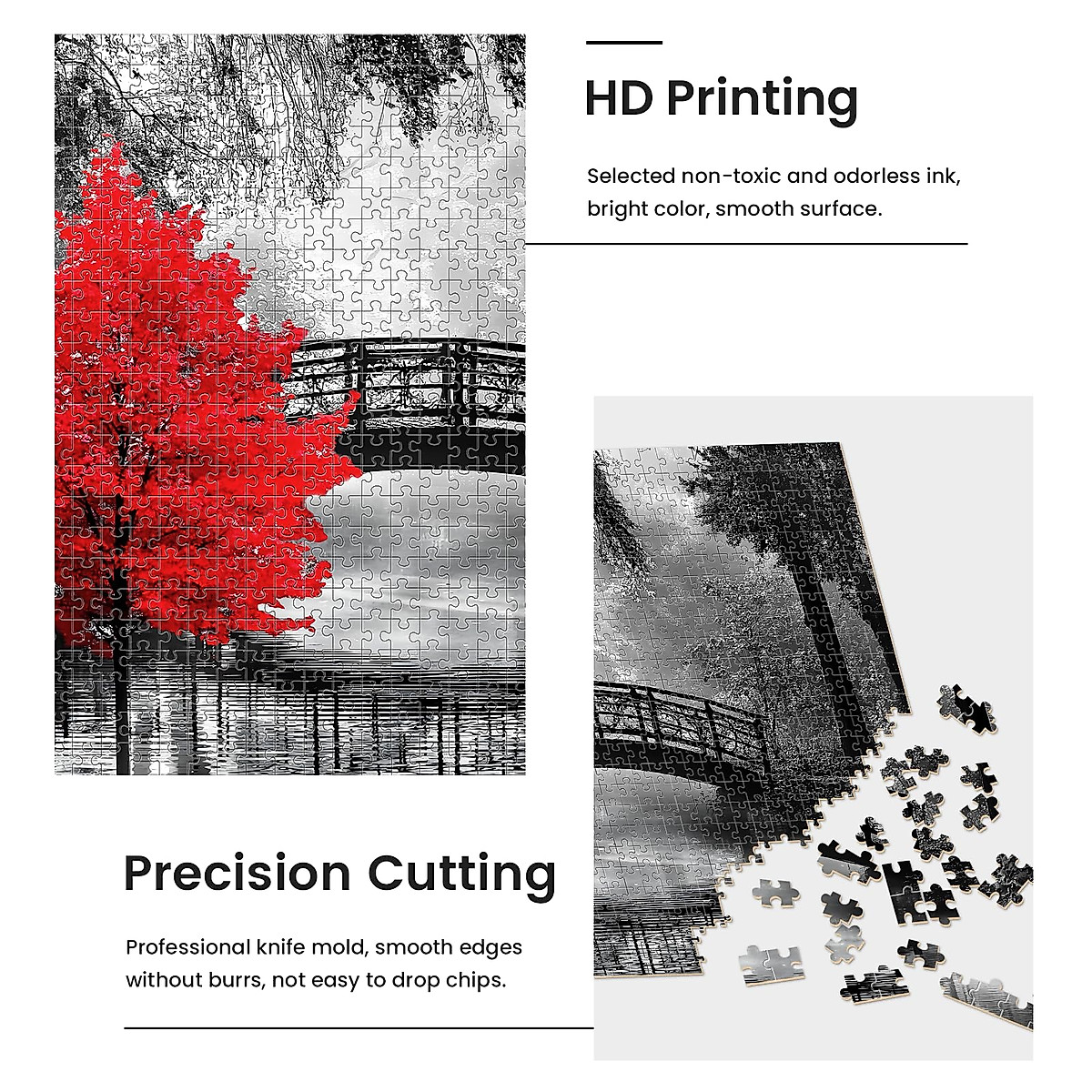 najiaxiaowu Adult Puzzle Classic Jigsaw Puzzle 1000 Pieces Wooden Puzzle DIY Black and White Bridge and Red Tree Modern Home Decor Intellectual Game Wall Art Unique Gift 75x50cm