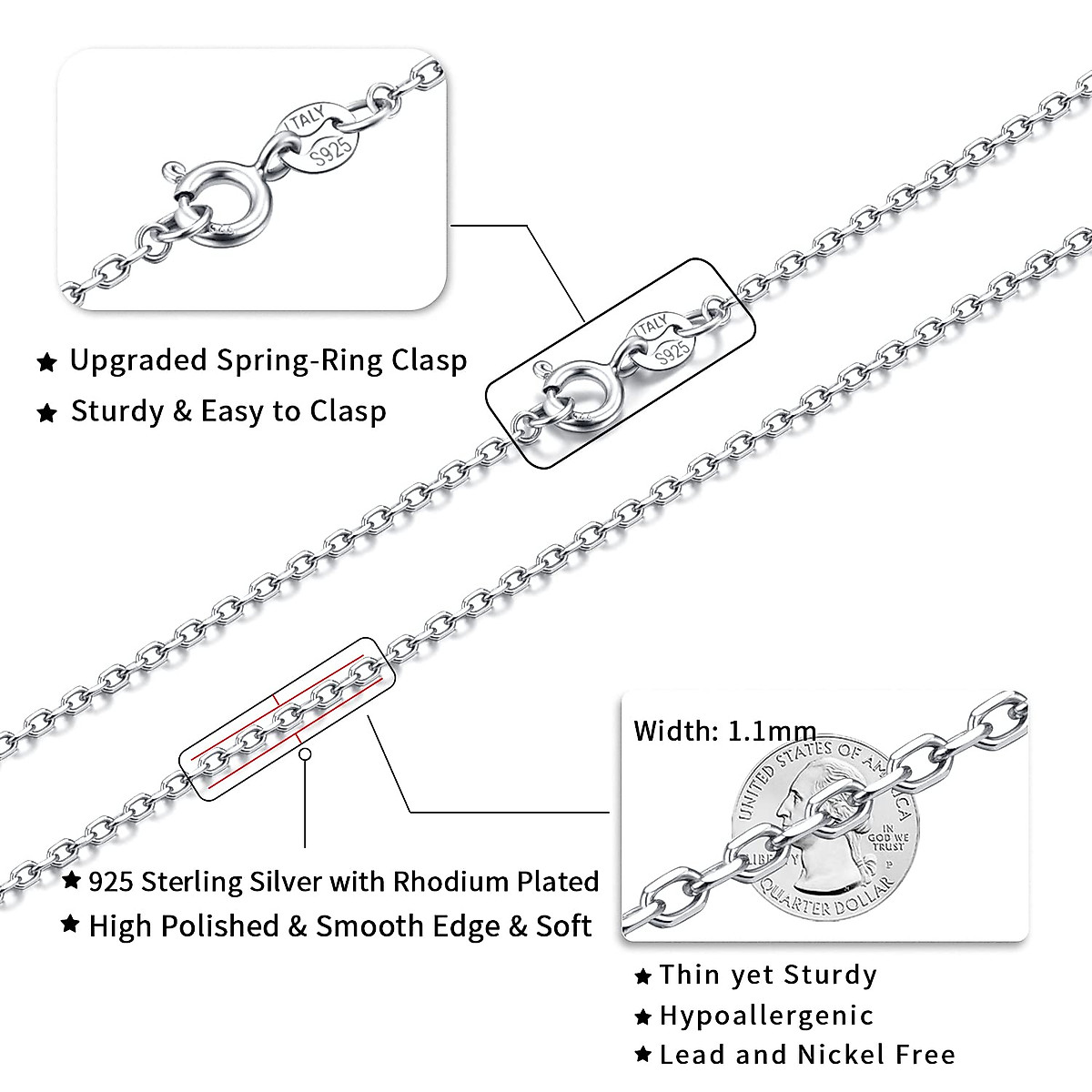 Jewlpire 925 Sterling Silver Chain Necklace Chain for Women 1.1mm Cable Chain Necklace Upgraded Spring-Ring Clasp - Thin & Sturdy - Italian Quality 18 Inch