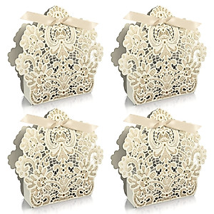 Maykah 50 Packs Candy Boxes for Wedding Favor, Flower Gift Box Candy Box with Ribbons for Bridal Shower Wedding Party Anniversary Favors, Off White
