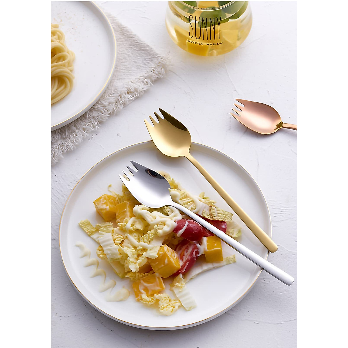 Sporks Stainless Steel Gold 6-Pack Dessert Salad Flatware Set 7.5 Inch Spoons Salad Forks