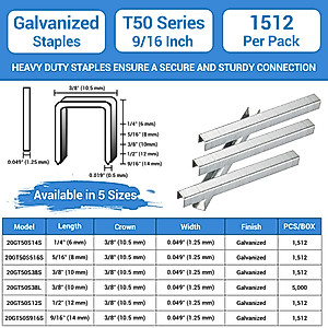 meite T50 Staples, 9/16 Inch Heavy Duty Staples for Staple Gun, 20 Gauge 3/8 Inch Crown Galvanized Upholstery Staples Staple Gun Staples (1,512 Counts)