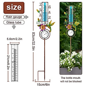 SYSUVANA Rain Gauge Outdoor with Outdoor Thermometer for Garden, Easy to Read Metal Stake with 7 Inch Replacement Glass Tube, Sunflower Hummingbird Décor for Yard Garden Patio Lawn