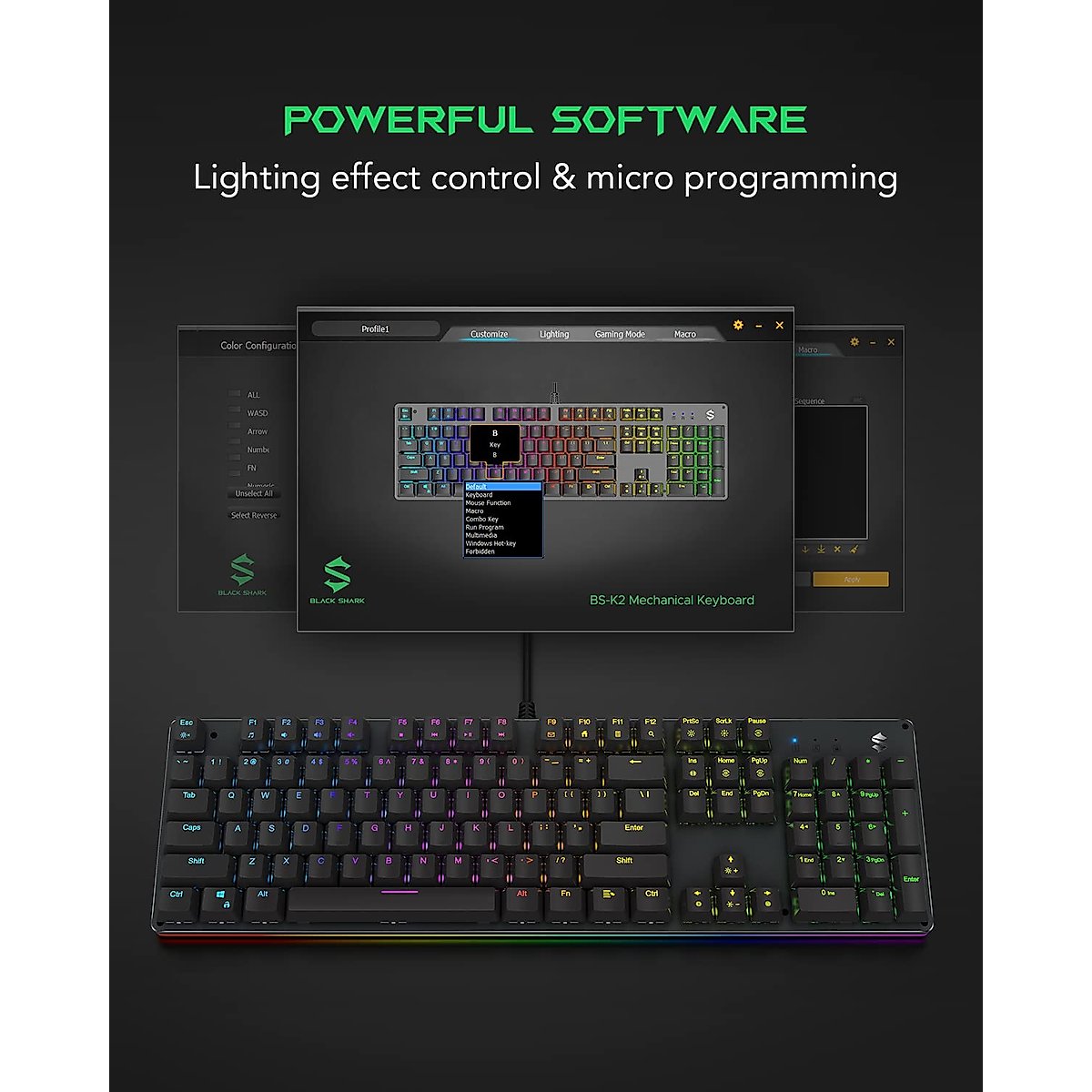 Black Shark RGB Mechanical Gaming Keyboard LED Backlit Wired Keyboard with Blue Switches, Fully Programmable, Anti-Ghosting 104 Keys for Desktop PC, Sixgill K2