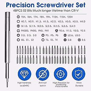 SOONAN Mini Precision Screwdriver Set, 48 in 1 Small Screwdriver Torx Bit Set, with Premium Quality Aluminum Case for iPhone, Smartphone, iPad, PC, Electronic Toys, Laptop, Eyeglasses