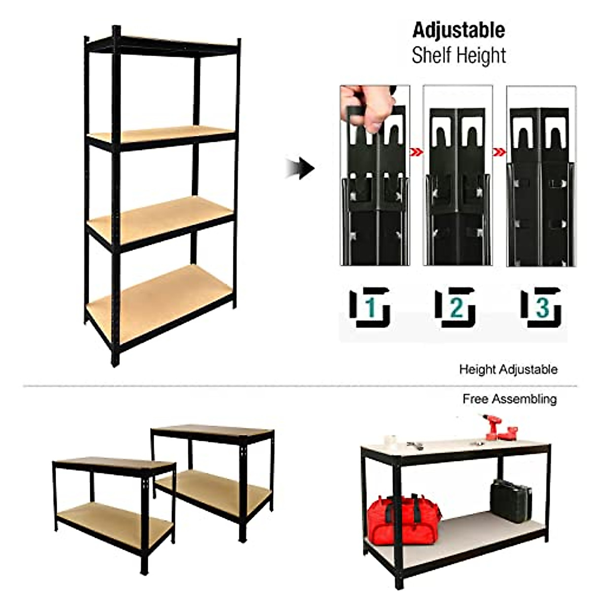 Shelves for Storage, Garage Racking Shelving Unit, 4 Tier Heavy Duty Shelf Unit for Shed Warehouse Workshop Garden, 63" H x 31" W x 16" D, Black, Metal & MDF Boltless Assembly System