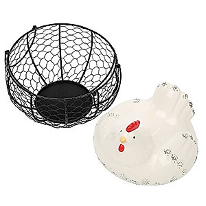 MyGift Black Metal Mesh Wire Egg Storage Basket with White Ceramic Farm Chicken Top Lid and Handles - Holds 30 Eggs
