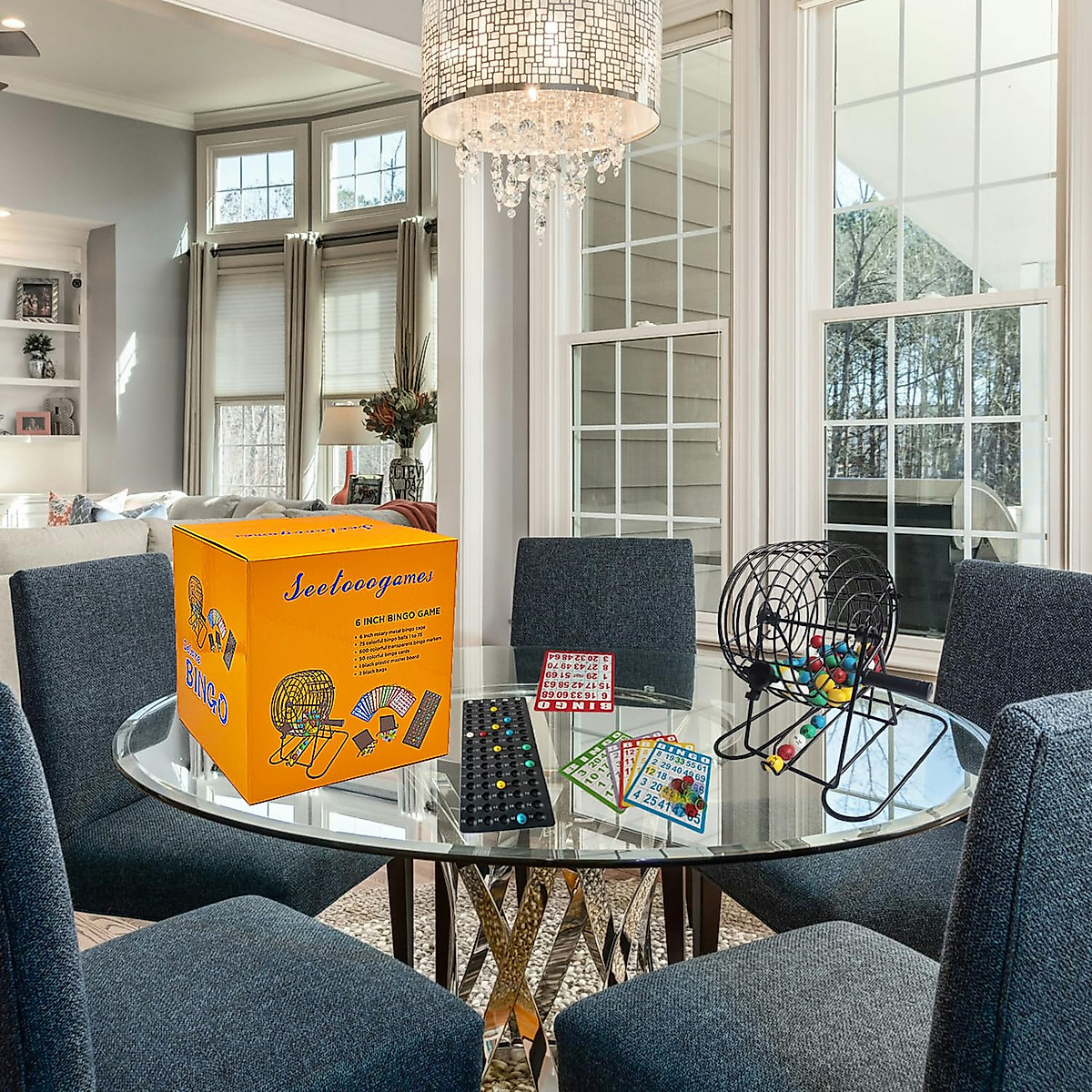 SEETOOOGAMES Deluxe Bingo Game Set - 8 Inch Metal Cage, 50 Paper Cards, 600 Colorful Clear Chips, Bingo Balls and Plastic Master Board, Great for Adults Large Groups, Familiy Games Nights Parties