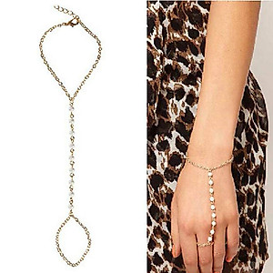 Chicque Boho Hand Chain Gold Pearl Finger Ring Bracelet Beads Hand Jewelry Wedding Finger Bracelet for Women and Girls