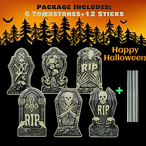 Fluorescent Halloween RIP Tombstones | 6 Tombstones Halloween Decor With 12 Fix Stakes, Scary Halloween Yard Outdoor Lawn Signs for Haunted House Garden Yard and Scary Theme Party