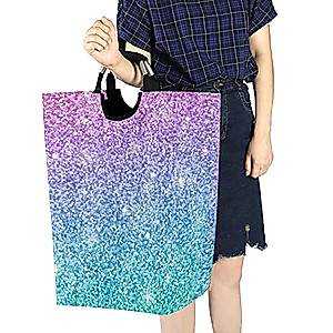 Multicolor Background Glitter Purple Blue Turquoise Gradient Laundry Hamper Basket Bucket, Foldable Dirty Clothes Bag, Waterproof Fabric Washing Bin, Toy Storage with Handles for Bathroom