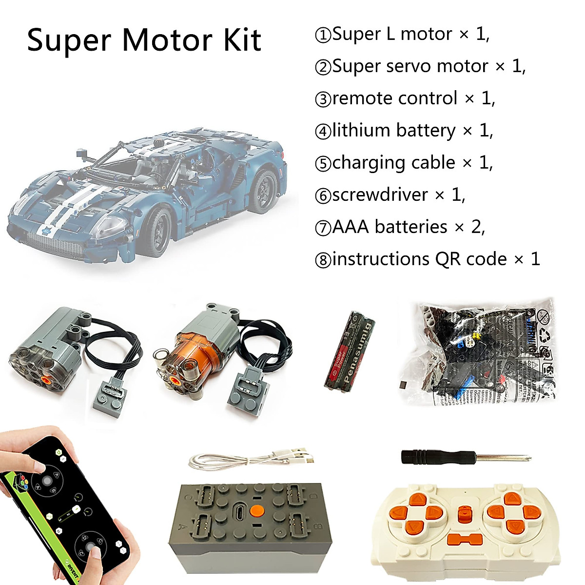 for Lego Technic 2022 Ford GT 42154 Car Model Super Motor and Remote Control and Light Upgrade Kit, for Adults, Compatible with Lego 42154(Model not Included)