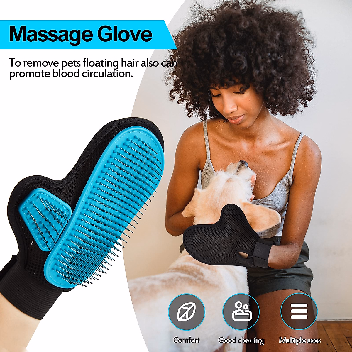 Beenefits 2024 Pet Grooming Glove with Tipped Pin Brush,Special Design Deshedding Glove, Massage Mitt, Perfect Petting Tool for Sensitive Dogs & Cats with Long & Medium Fur - Right-Hand - Blue