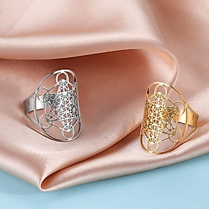 TEAMER Resizable Archangel Metatron Stainless Steel Rings Adjustable Flower of Life Jewelry for Women (Silver-Style F)
