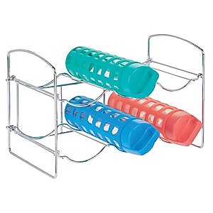 mDesign Metal Free-Standing Water Sports Bottle and Wine Rack Holder Stand for Storage Organizing in Kitchen Cabinet Countertops, Pantry - Collapsible - 2 Tiers, Holds 6 Bottles - Bronze