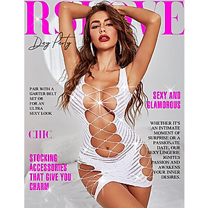 RSLOVE Womens Fishnet Lingerie Mesh Chemise Babydoll Bodysuit Lace Smock Lingerie for Women White