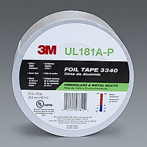 3M Aluminum Foil Tape 3340, 2.5" x 50 yd, 4.0 mil, Silver, HVAC, Sealing and Patching Hot and Cold Air Ducts, Fiberglass Duct Board, Insulation, Metal Repair