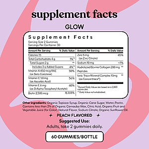 Lemme Glow Collagen Gummies for Thick Hair, Strong Nails & Healthy Skin with Multi-Collagen Peptides, Biotin, Trace Minerals, Zinc, Vitamins A, C & E, Dairy & Gluten Free, Peach Flavor, 60 ct.