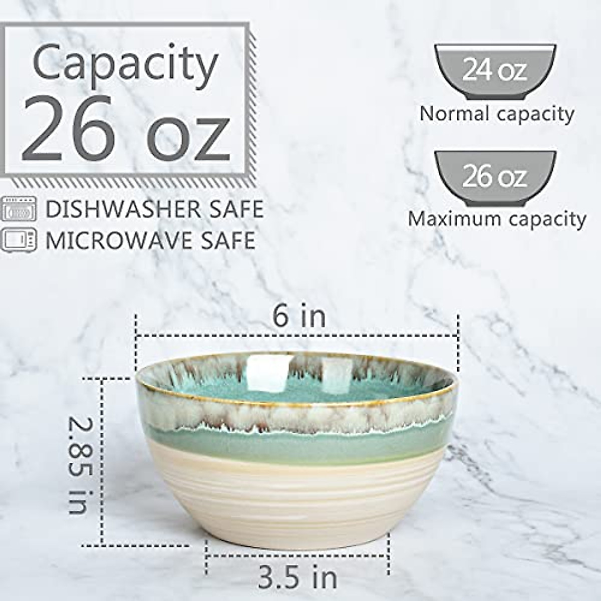Bosmarlin Ceramic Soup Bowl Set of 4, 26 Oz, Stoneware Cereal Bowl for Oatmeal, Salad, Dishwasher and Microwave Safe, Reactive Glaze (Green, 6 in)