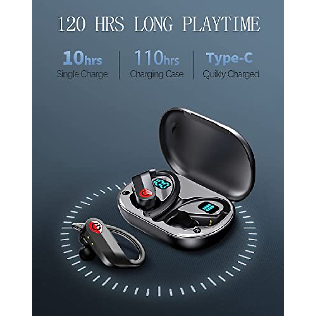 Bluetooth Headphones Wireless Earbuds Sports,120H Playtime Over-Ear Bluetooth 5.3 Ear Buds with Earhook Wireless Headphones LED Display Workout Audifonos Bluetooth inalambricos for Samsung Android