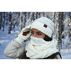 Funky Junque Oversized Beanie, Glove, & Scarf Bundle: Ivory