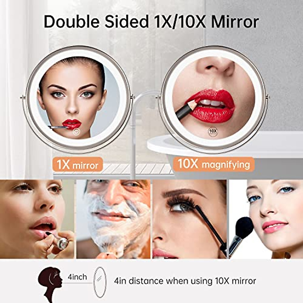 Rechargeable Wall Mounted Lighted Makeup Vanity Mirror 8 Inch Double Sided 1X 10X Magnifying Bathroom Mirror, 3 Color Lighting, Touch Screen Dimming, Extended Arm 360 Rotation Shaving Light up Mirror