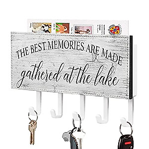 Lake House Key Holder for Wall, The Best Memories are Made Mail Holder and Key Rack for Entryway, Farmhouse Home Decor Key Hooks, Rustic Key Hangers with 5 Hooks