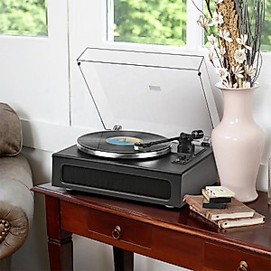 All-in-One Record Player High Fidelity Belt Drive Turntable for Vinyl Records Built-in 2 Tweeter and 2 Bass Stereo Speakers, Vinyl Player with MM Cartridge, Bluetooth, Aux-in, RCA, Auto Stop Black