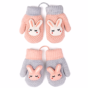 F Flammi 2 Pairs Toddler Mittens for Baby Boys Girls Winter Sherpa Lined Warm Knit Mittens Cartoon Bunny Kids Gloves (1-3 Years)
