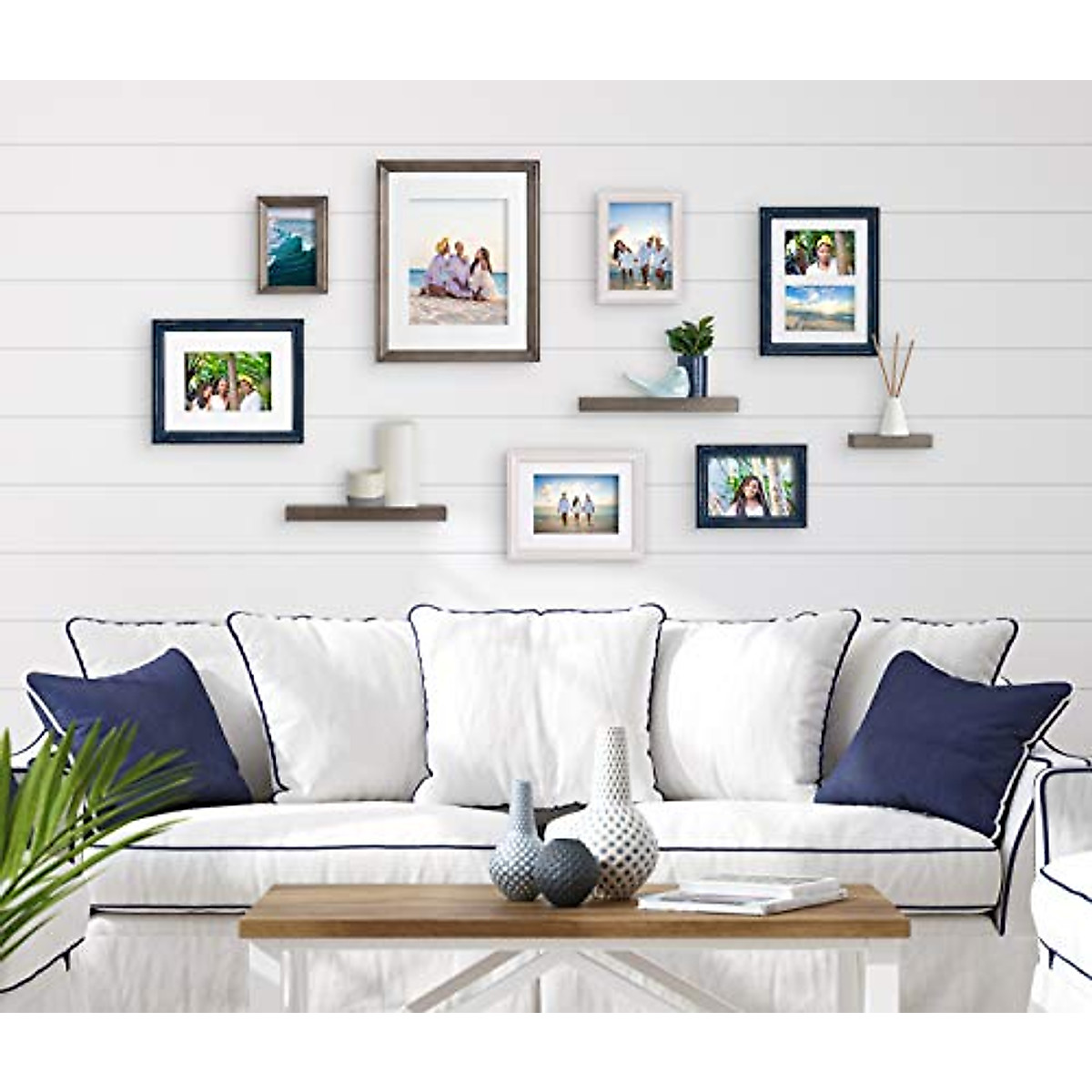 Kate and Laurel Bordeaux Gallery Wall Frame and Shelf Kit, Set of 10, Multiple Coastal Finishes, Assorted Size Frames and Three Display Shelves