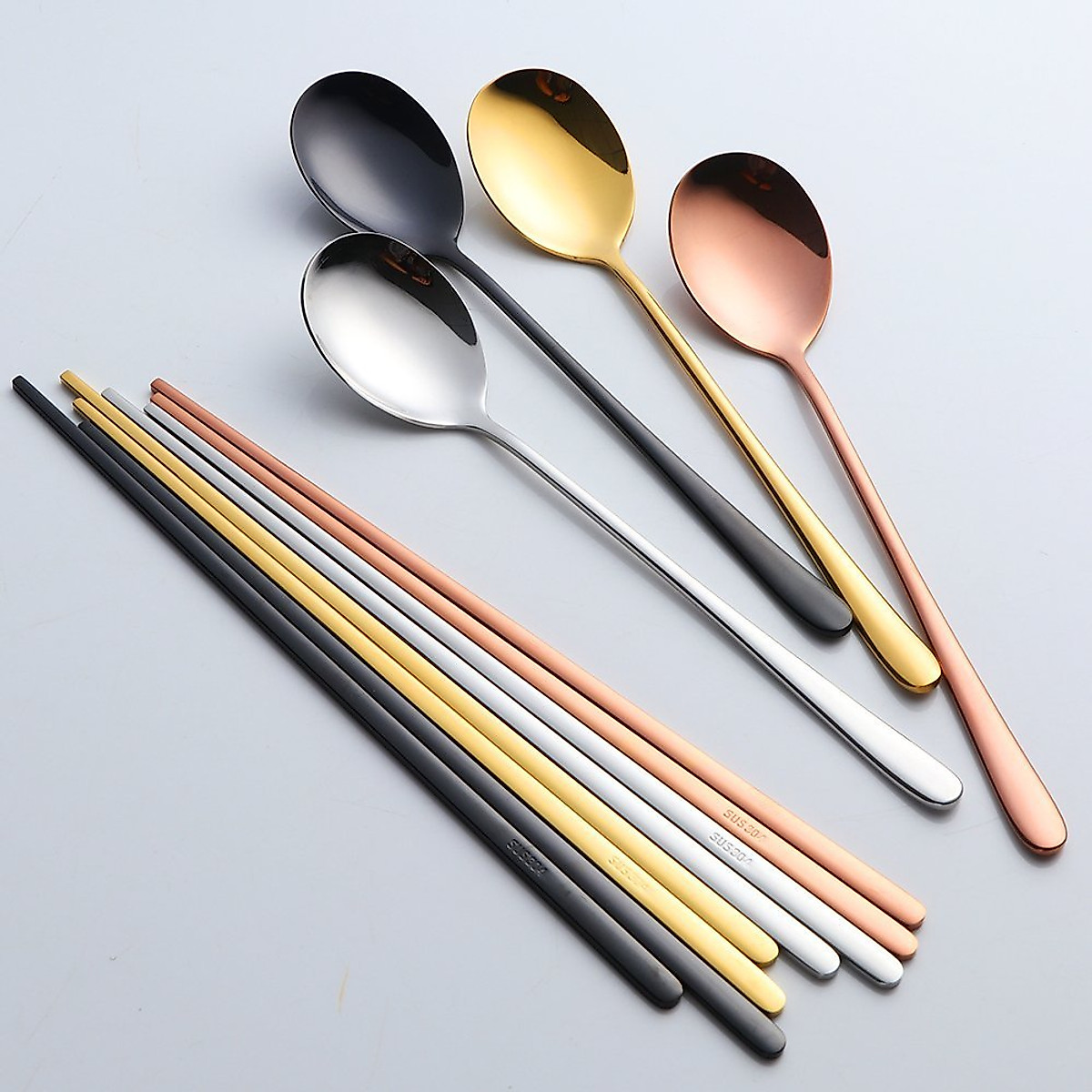 Buyer Star 4 Set Chopsticks Spoon Set, 4 Color Reusable Metal Stainless Steel Korean Chopstix Spoon Set Christmas Gift