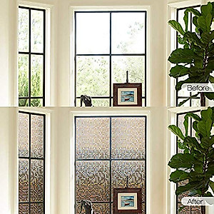 rabbitgoo Window Privacy Film Stained Glass Window Film Mosaic Static Cling Decorative Window Vinyl, Removable Rainbow Window Tint, Non-Adhesive UV Blocking for Home Office, Brown, 35.4 x 78.7 inches