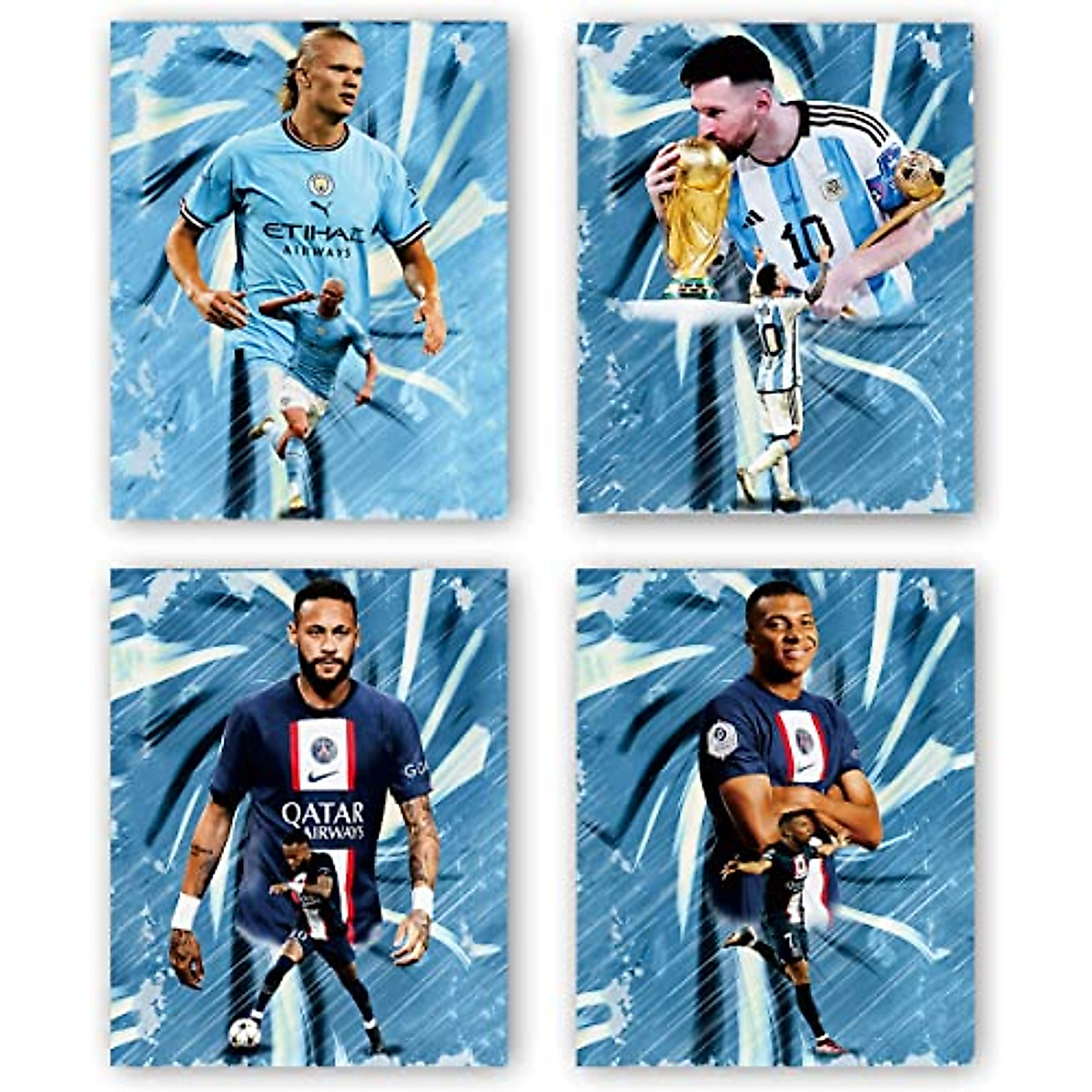 Football Superstar Poster,Lionel Messi,Neymar,Mbappe,Haaland Man City Art Print Poster,Sports Celebrity Poster,for Living Room Bedroom Room Decor,Sports Landscape Office Room Decor Gift-Set of 4 (8"x10" Unframed)