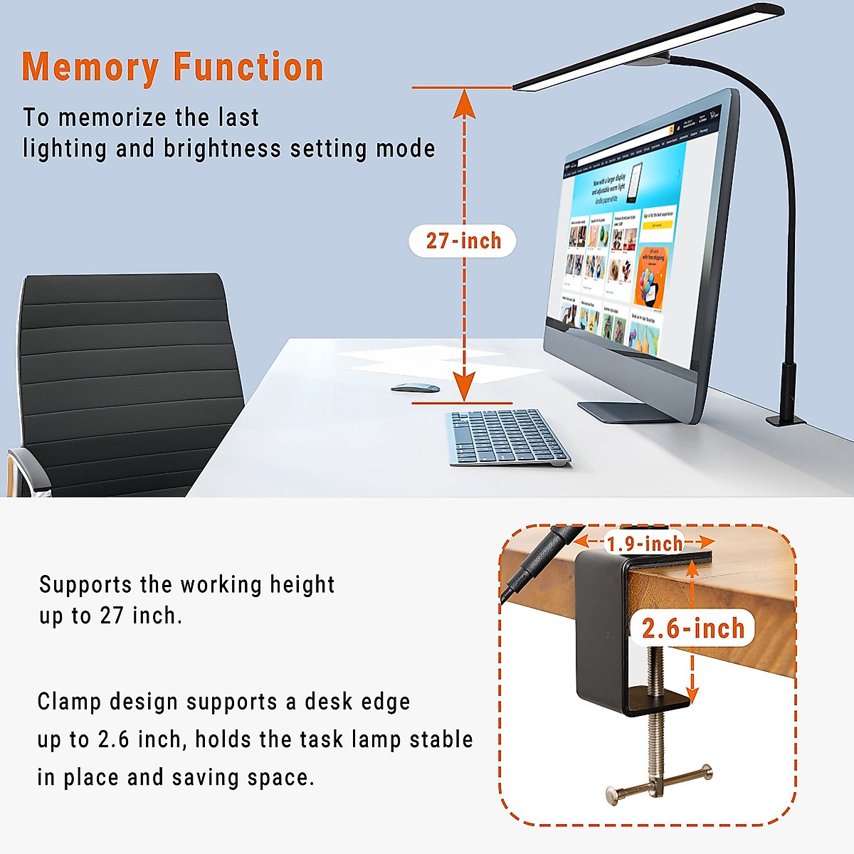 Frkaiuza LED Desk Lamp, Architect Desk Lamps for Home Office, Eye-Caring Clamp Lamp with Gooseneck,18W LED 3 Modes 6 Brightness, Modern Desk Light for Monitor Studio Reading, Remote and Touch Control