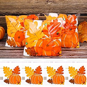Whaline 400Pcs Fall Cellophane Bags Self-Adhesive Autumn Leaves Pumpkin Cello Bags Plastic Harvest Thanksgiving Candy Goodie Treat Bags for Party Favor Supplies, 5.1 x 5.1 Inch