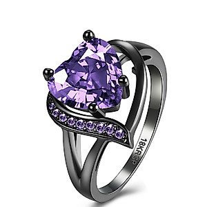 QOBEBOTA Romantic Size 8 Black Gold Plated Engagement Rings Purple Heart Amethyst Ring Promise Rings for Her Gothic Wedding Ring Birthday Gifts Statement Ring for Women