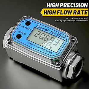Turbine Flow Meter, Electronic Oil Flowmeter, Kerosene Gas Methanol Diesel Fuel Flow Digital Meter, 3/4" 10-100L/Min LCD Display BSPT/NPT with Battery