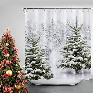 GOOESING Christmas Tree Shower Curtain Winter Forest Pine Tree Snowflake Snowfall Natural Scene Bathroom Shower Curtains for Bathtub Decoration with Hooks 60x72 Inch