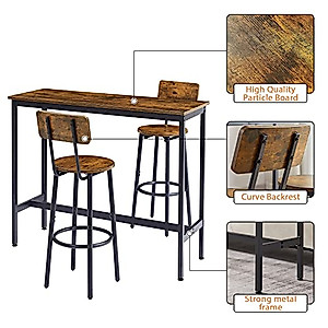 GNIXUU 3 Piece Pub Dining Set, 43" Rectangular Bar Bistro Table and 2 Bar Stools with Backrest, Industrial Wood Breakfast Table Set for Kitchen Nook, Apartment, Small Space(3, 43Inch)