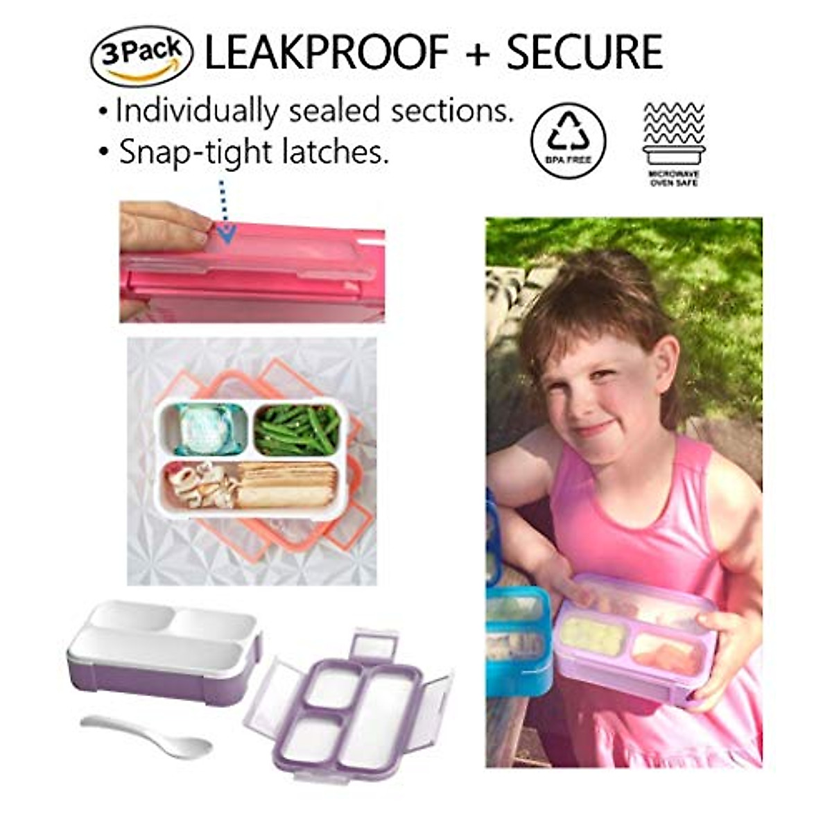 kinsho MINI Lunch-Box Snack Containers for Kids | SMALL Bento-Box Portion Container | Toddler Pre-School | Leak-proof Boxes for Work, Travel | Best for Adults Boys Girls | Pink Purple, Coral 3 pack