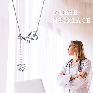 YFN Sterling Silver Stethoscope Jewelry Heartbeat EKG Adjustable Lariat Y Necklace for Women Doctor Nurse Gift