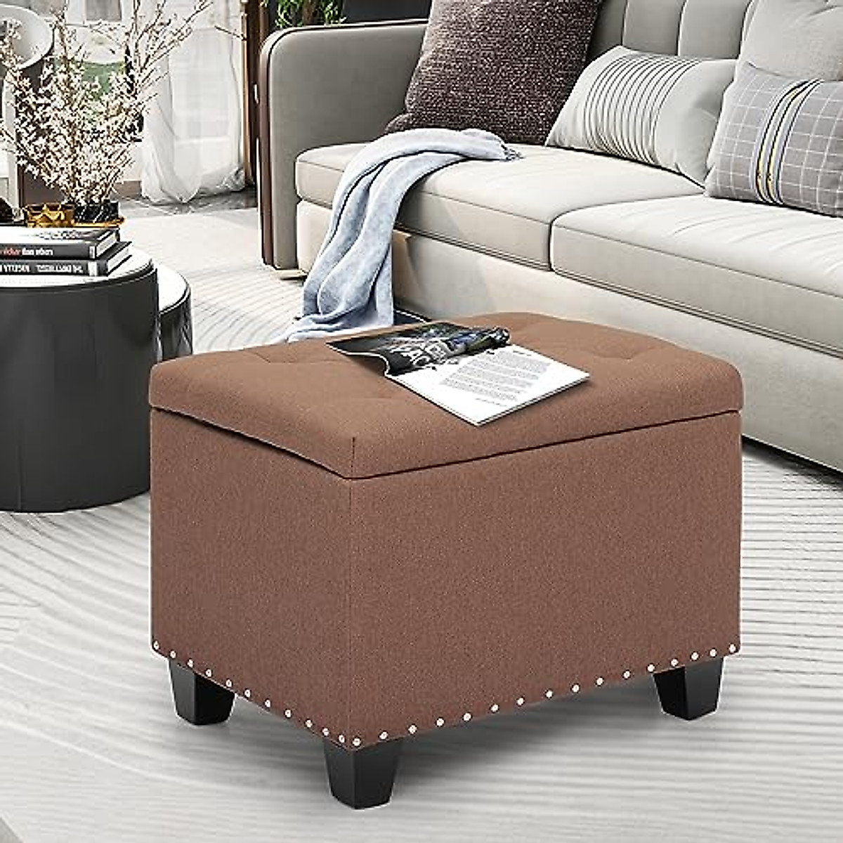 MoNiBloom 24 Inch Modern Storage Ottoman Bench, 40L Inner Space Brown Linen Foot Stool for Bedroom, Upholstered Padded Rectangular Fabric Tufted Bench Footrest with Wood Legs with 660 Lbs Capacity