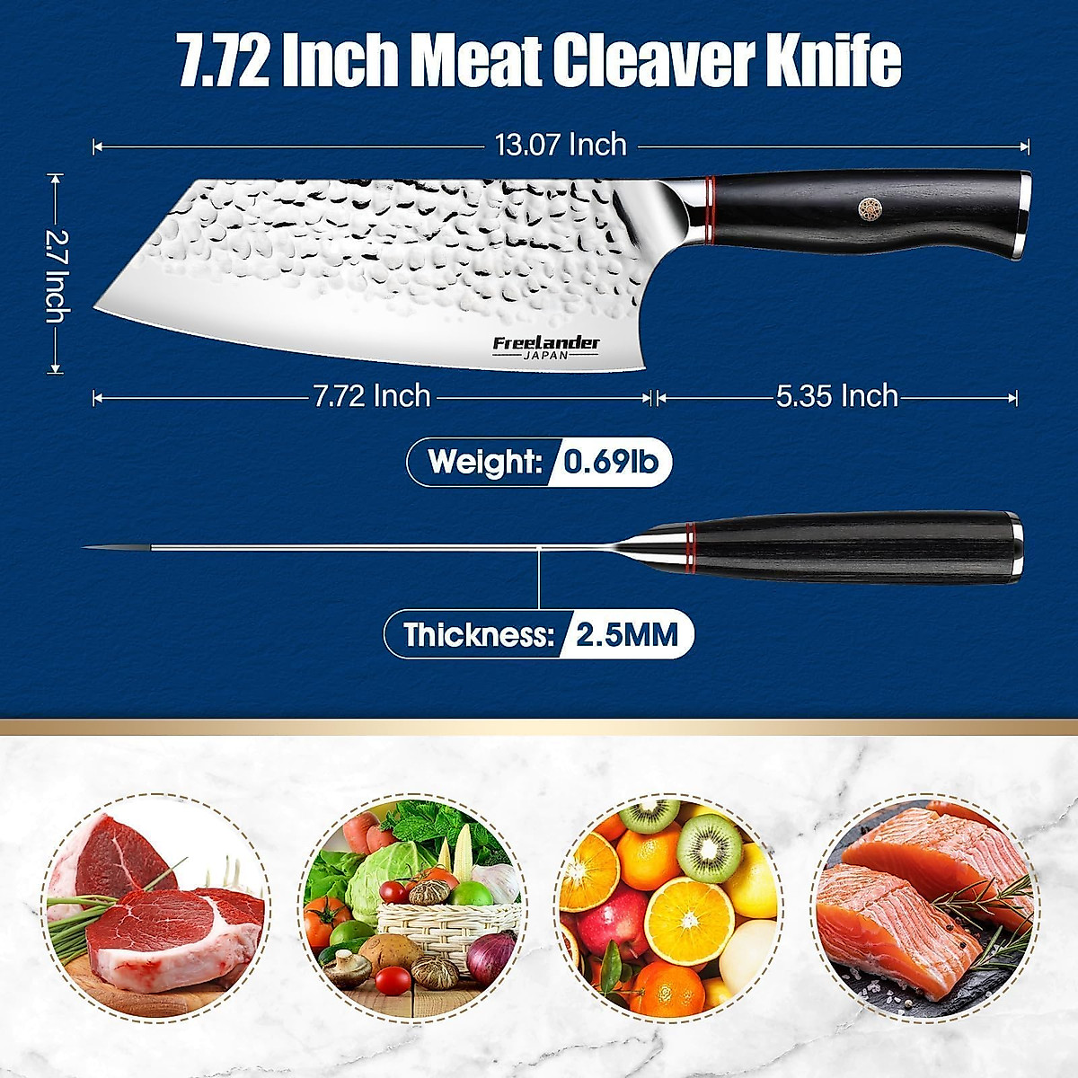 Freelander Chef Knife, 7.72 Inch High Carbon Meat Cleaver Knife, Professional Japanese Stainless Steel Knife for Meat and Vegetables - Ergonomic Handle for Home and Kitchen