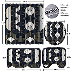 YOKYHOM Bathroom Sets, 4 Piece Geometric Bathroom Shower Curtain Sets with Rugs (Black), Incl 71'' x 71'' Polyester Waterproof Shower Curtain with 12 Hooks, Non Slip Bath Mats and Toilet Lid Oval Rug