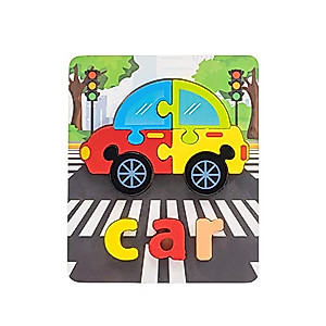Almencla Children 3D Shapes Letter Wood Jigsaw Puzzle Montessori Toy Birthday Gift Vibrant Colors Early Learning Tool Accessories Rounded Edges, Automobile