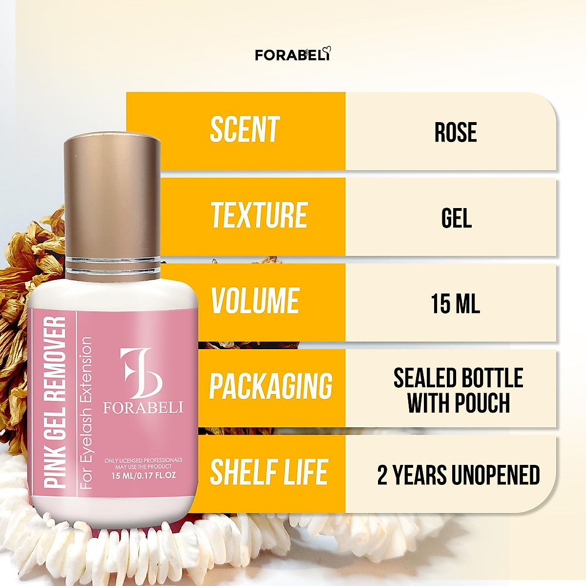 Forabeli Pink Gel Lash Remover for Eyelash Extensions, 15ml, Safe and Gentle Formula, Easy to Apply, Versatile and Efficient