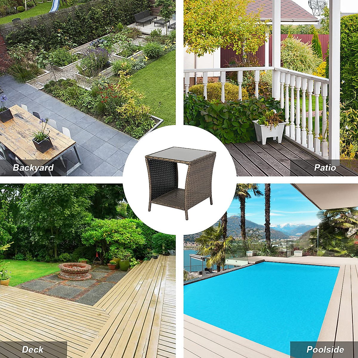 kinbor Outdoor Patio Side Table - Wicker PE Rattan Patio Table, Square Coffee Table with Glass Top and Storage, Outdoor Side/End Table for Deck Pool Garden Lawn Porch (Dark Blonde)