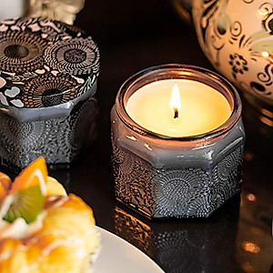 Art Secret 4oz Embossed Glass Candle Container with Tin Lid and Labels (Gray, Octagon)